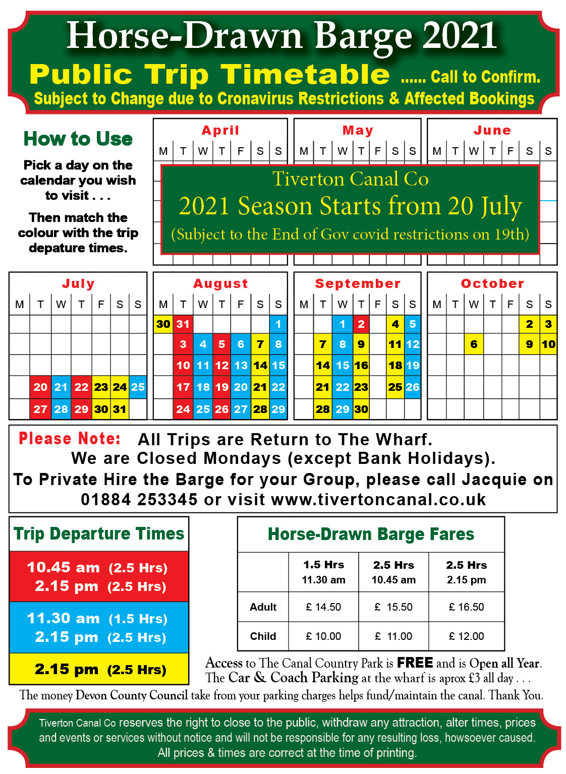 Timetable And Fares For 2019 - Horse Drawn Barge Trips - Tiverton Canal Co